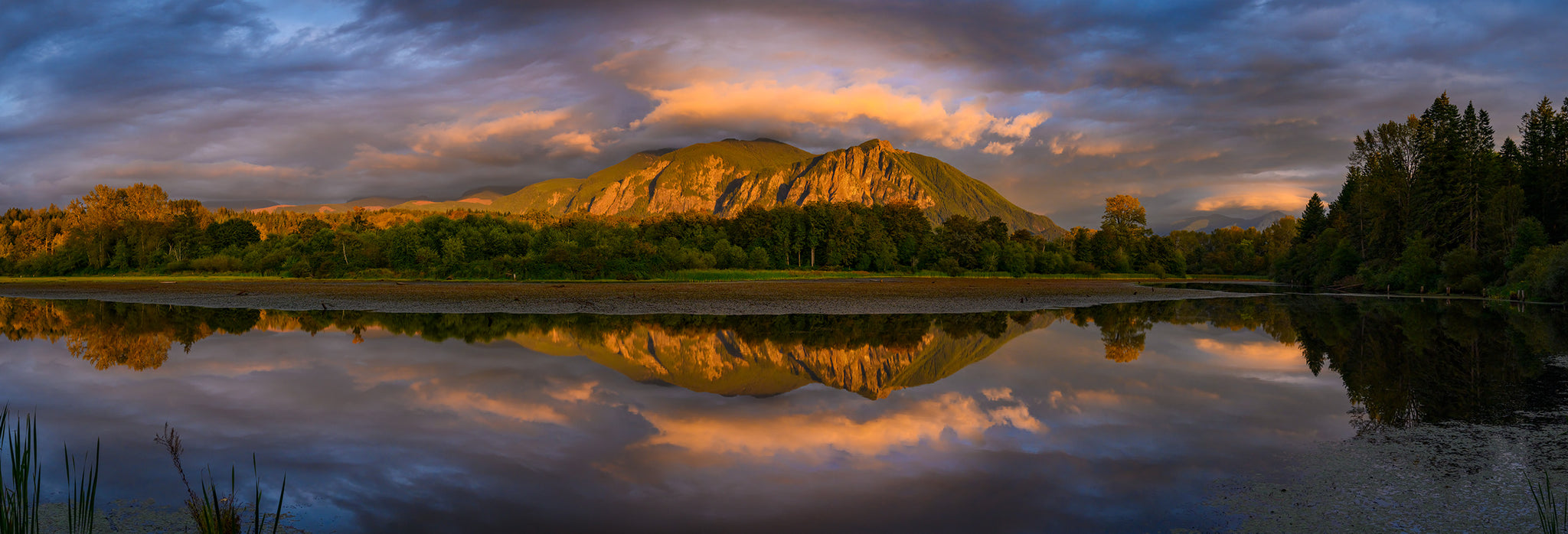 Mount Si Stormy Sunset Reflection Panorama: 30x88 Limited Edition Fram